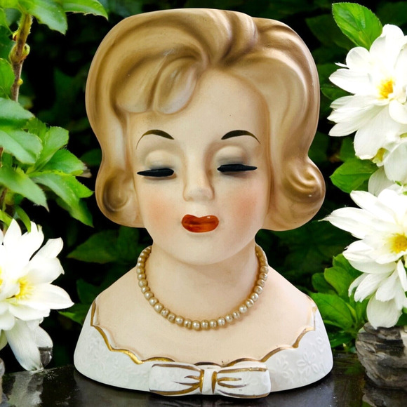 napco | Accents | Vintage Lady Head Vase Napco C5675 Planter Pearl Necklace Foil Japan Sticker 6 ...